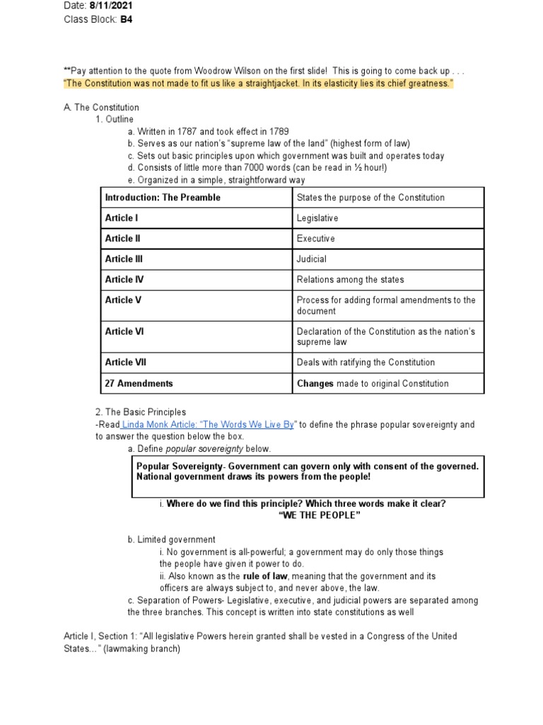 Overview of the U.S. Constitution | PDF | Separation Of Powers Under ...
