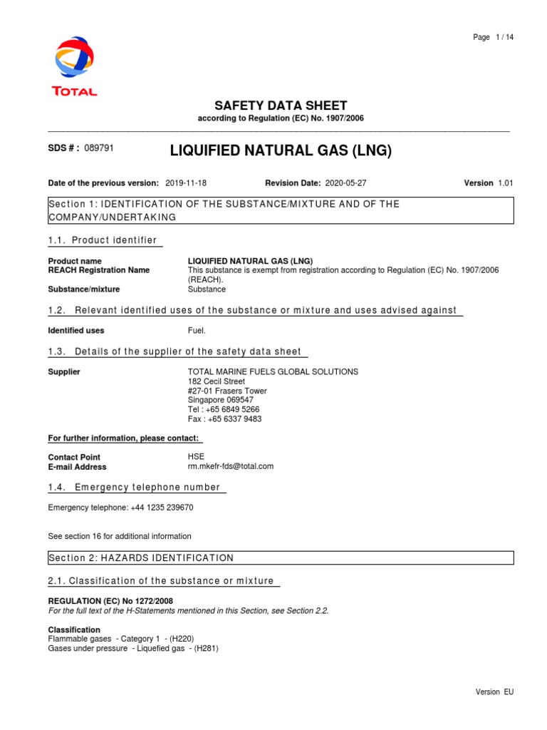 Liquified Natural Gas (LNG) : Safety Data Sheet | PDF | Toxicity ...
