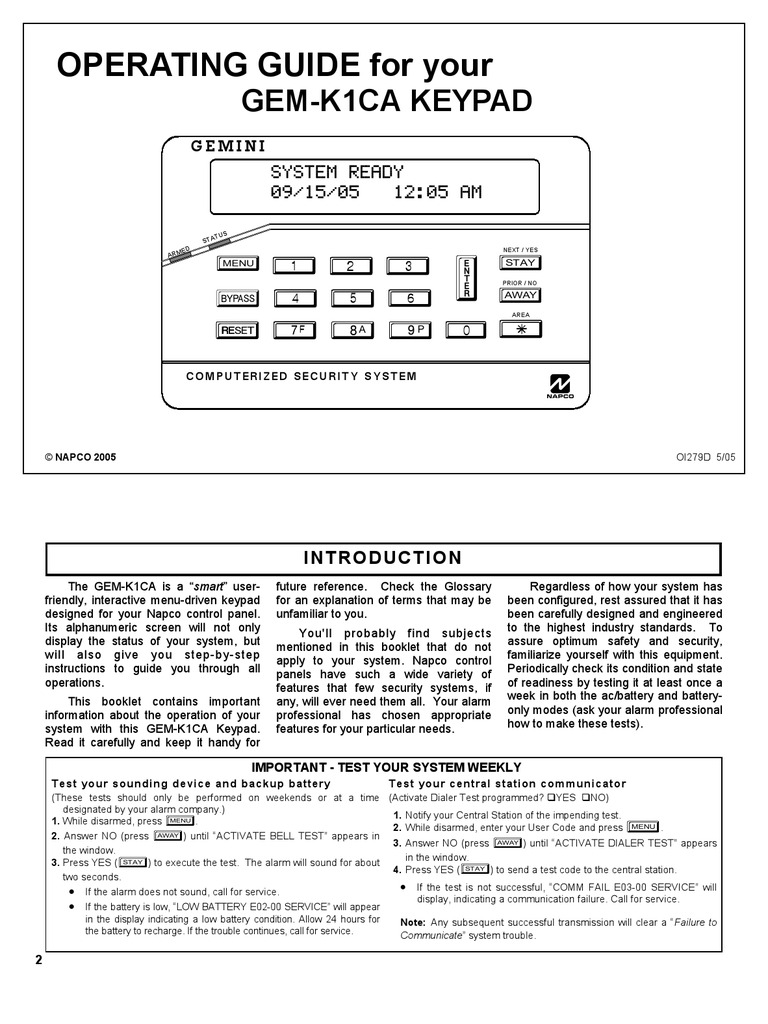 Operating Guide For Your: Gem-K1Ca Keypad | PDF | Security Alarm ...