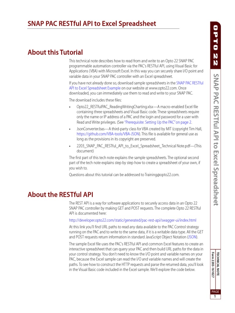 2203 - SNAP - PAC - RESTful - API - To - Excel - Spreadsheet - Technical Note | PDF | Microsoft ...
