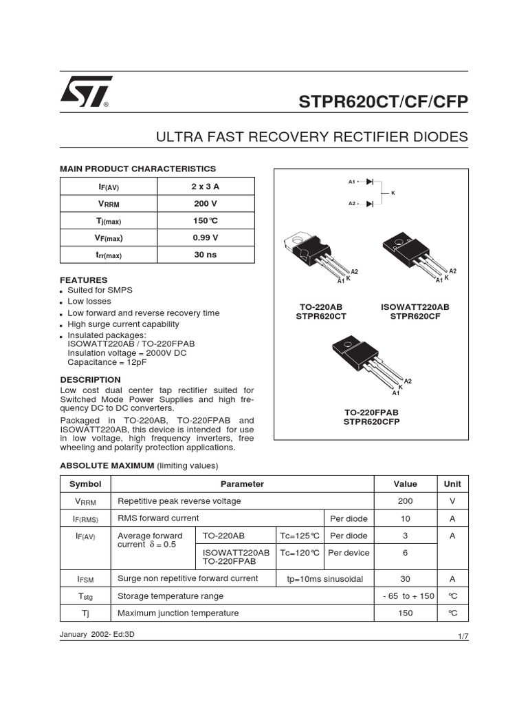 Stpr620Ct/Cf/Cfp: Ultra Fast Recovery Rectifier Diodes | PDF | Diode | Rectifier