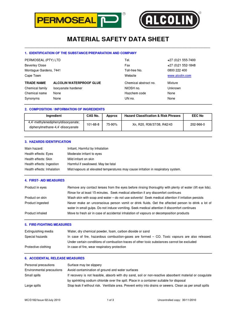 Material Safety Data Sheet: 1. Identification of The Substance/Preparation and Company | PDF ...