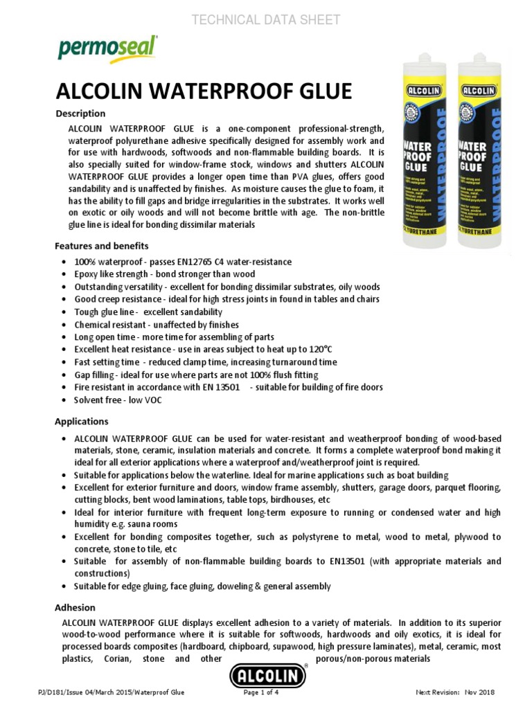 Alcolin Waterproof Glue: Technical Data Sheet | PDF | Adhesive | Wood