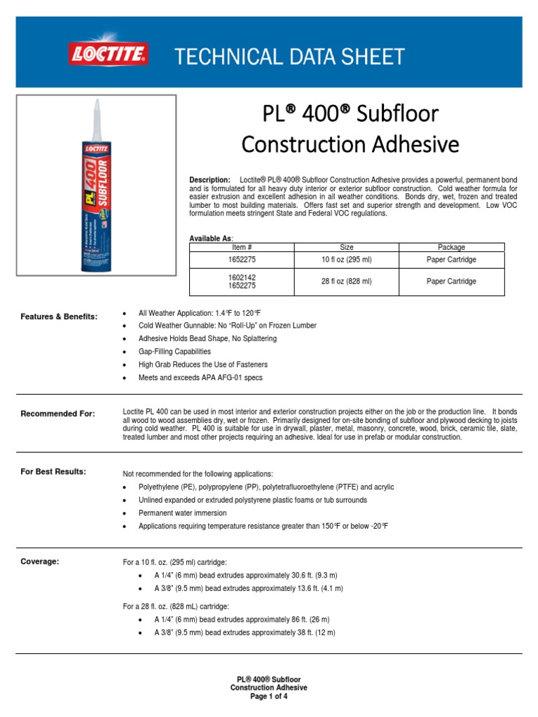 PL® 400® Subfloor Construction Adhesive: Description | PDF | Adhesive ...
