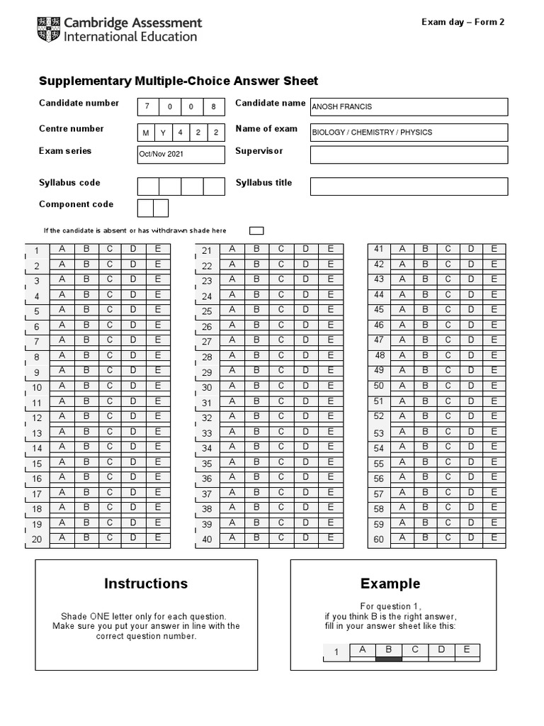 Supplementary Multiple Choice Answer Sheet Exam Day Form 2 | PDF | Test ...