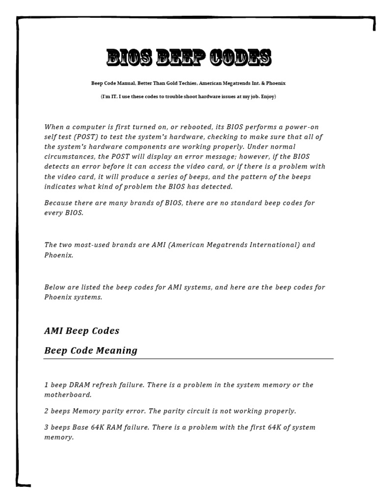 American Mega Trends Int. & Phoenix BIOS Beep Codes | Download Free PDF ...