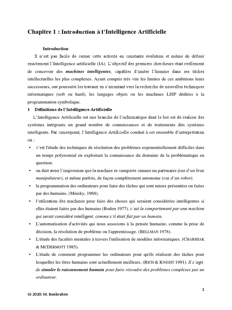 Chapitre 1 Introduction A L Intelligence Artificielle | PDF ...