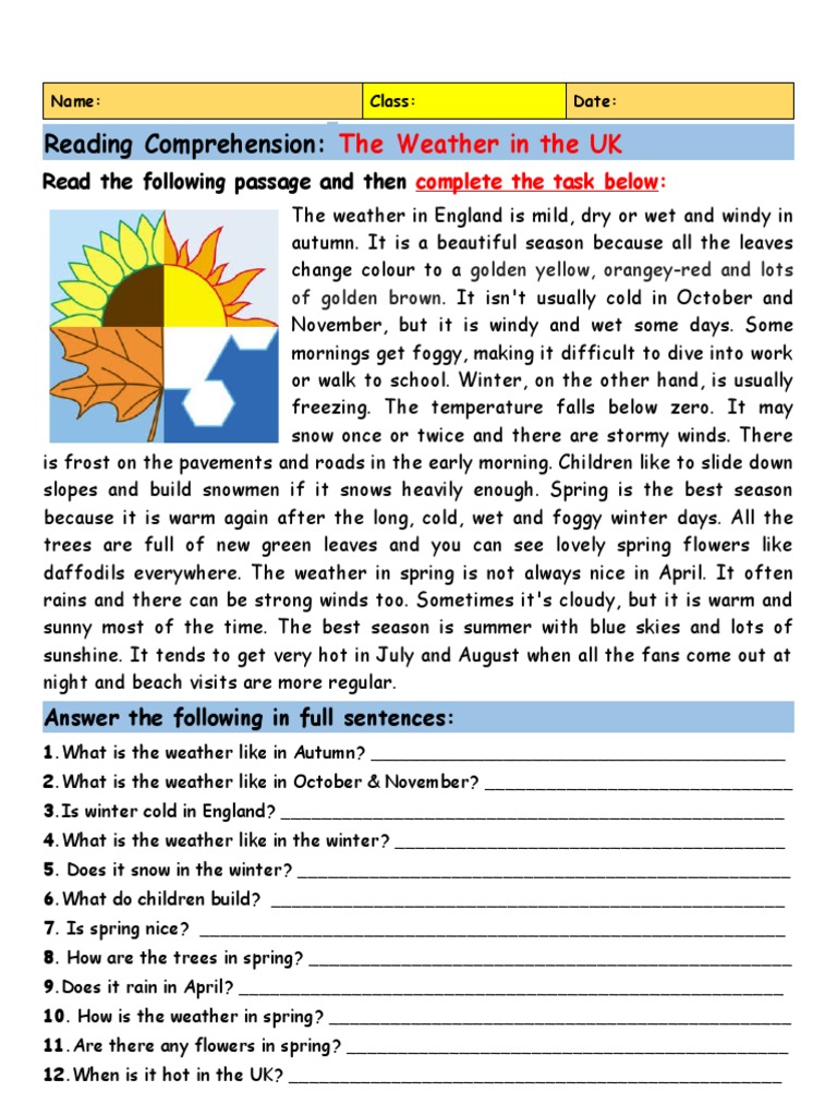 Reading Comprehension:: The Weather in The UK | PDF | Weather | Snow