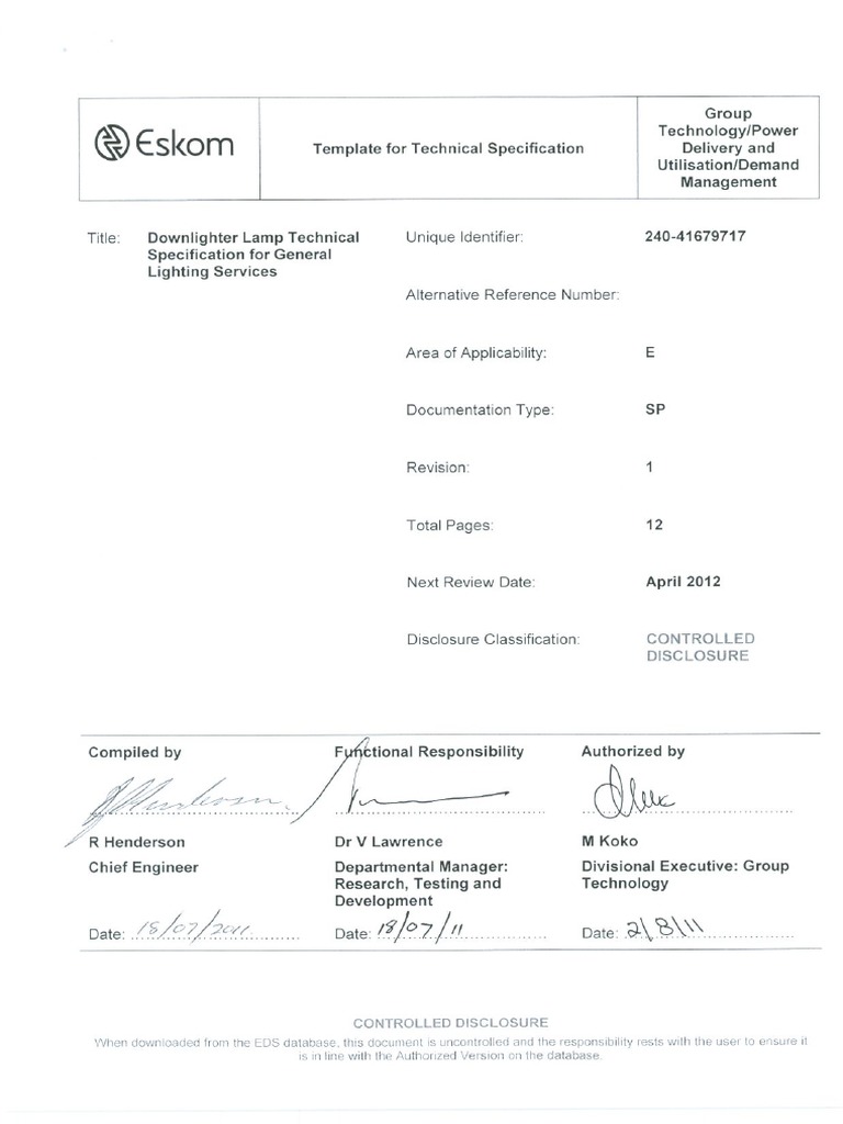 Downlighter Lamp Technical Specification (Signed) | PDF