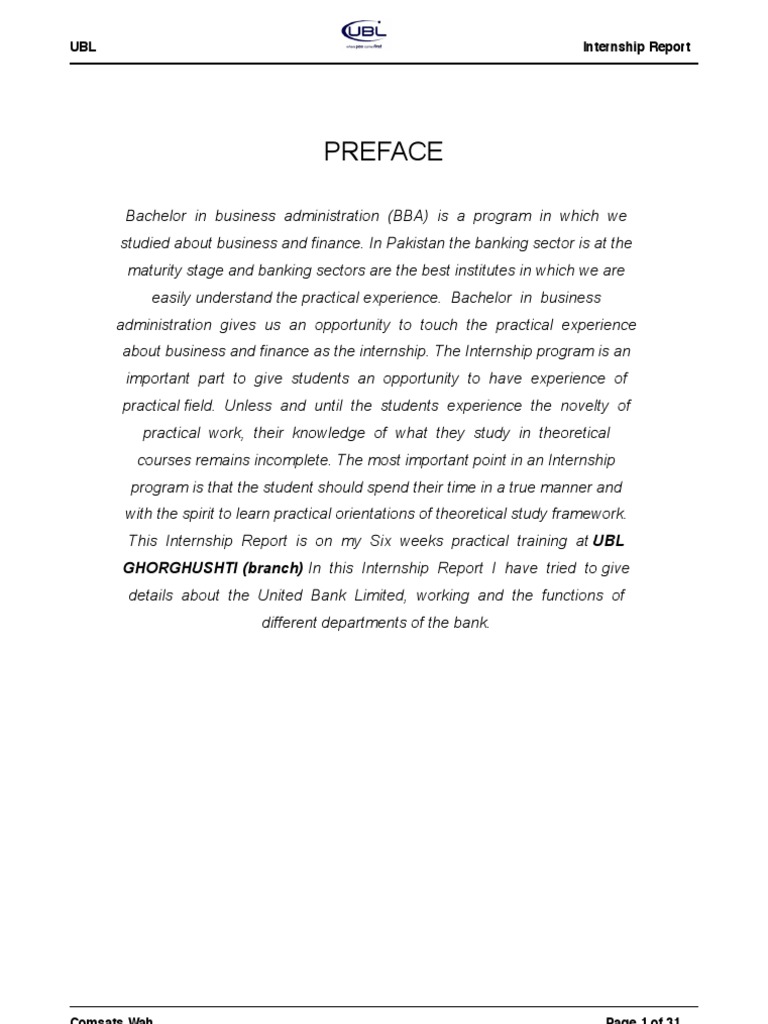 Preface: UBL Internship Report | PDF | Deposit Account | Banks