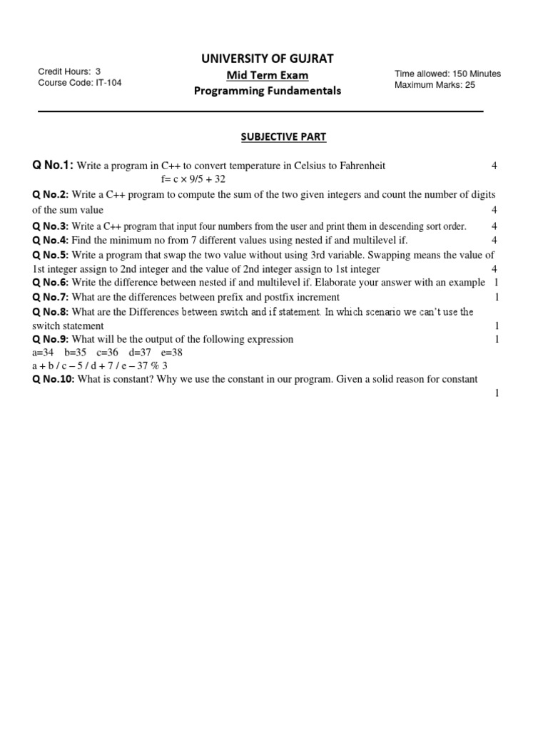 University of Gujrat: Mid Term Exam Programming Fundamentals | PDF | Computers