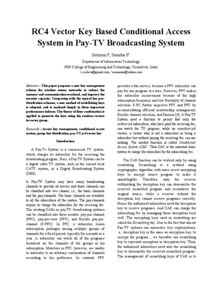 RC4 Vector Key Based Conditional Access System in Pay-TV Broadcasting System | PDF ...