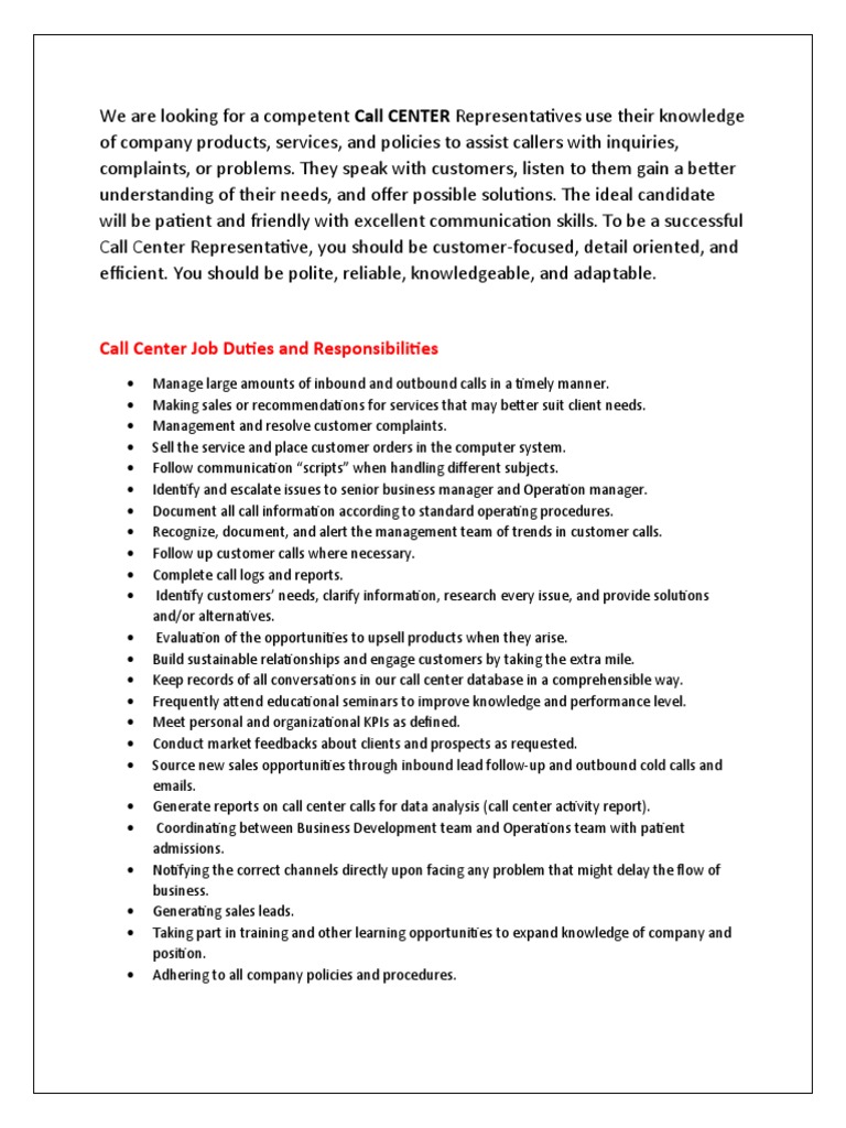 Call Center Job Duties and Responsibilities | PDF | Call Centre | Sales