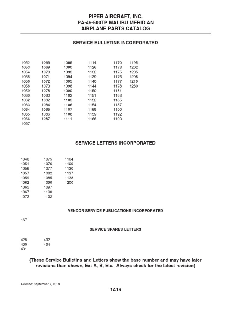 Service Bulletins Incorporated: Piper Aircraft, Inc. Pa-46-500Tp Malibu ...