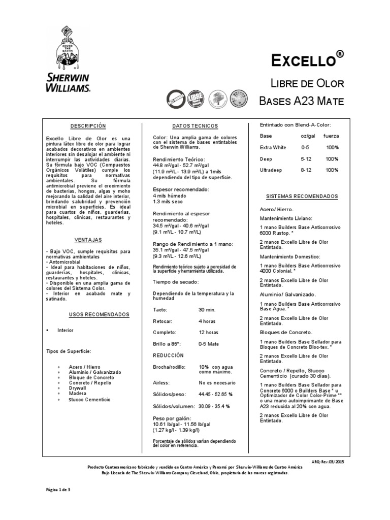 Ficha Tecnica Excello Libre de Olor Latex Mate Bases A23 | PDF | Pintar | Agua