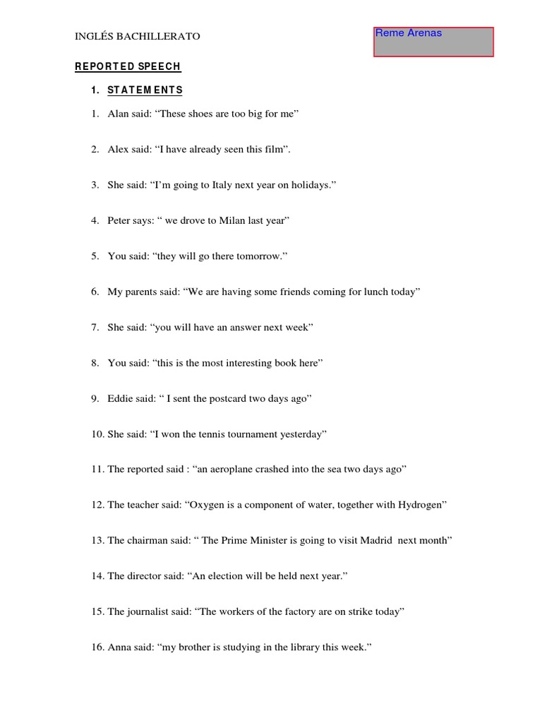 REPORTED SPEECH - Exercises | PDF