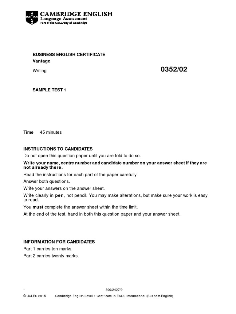 Business Vantage Writing Sample Paper 1 - Full Test | PDF