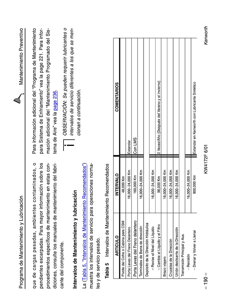 Intervalos de Mantenimiento Kenworth | PDF