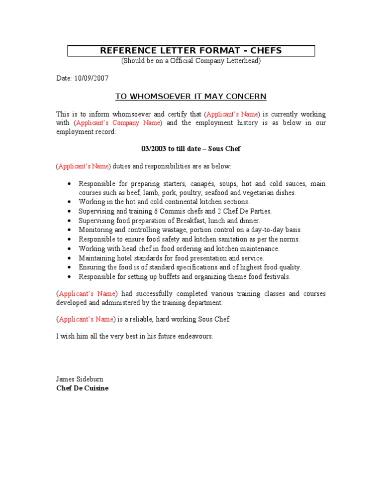 5 Reference Letter Format - Chefs | PDF | Chef | Hobbies