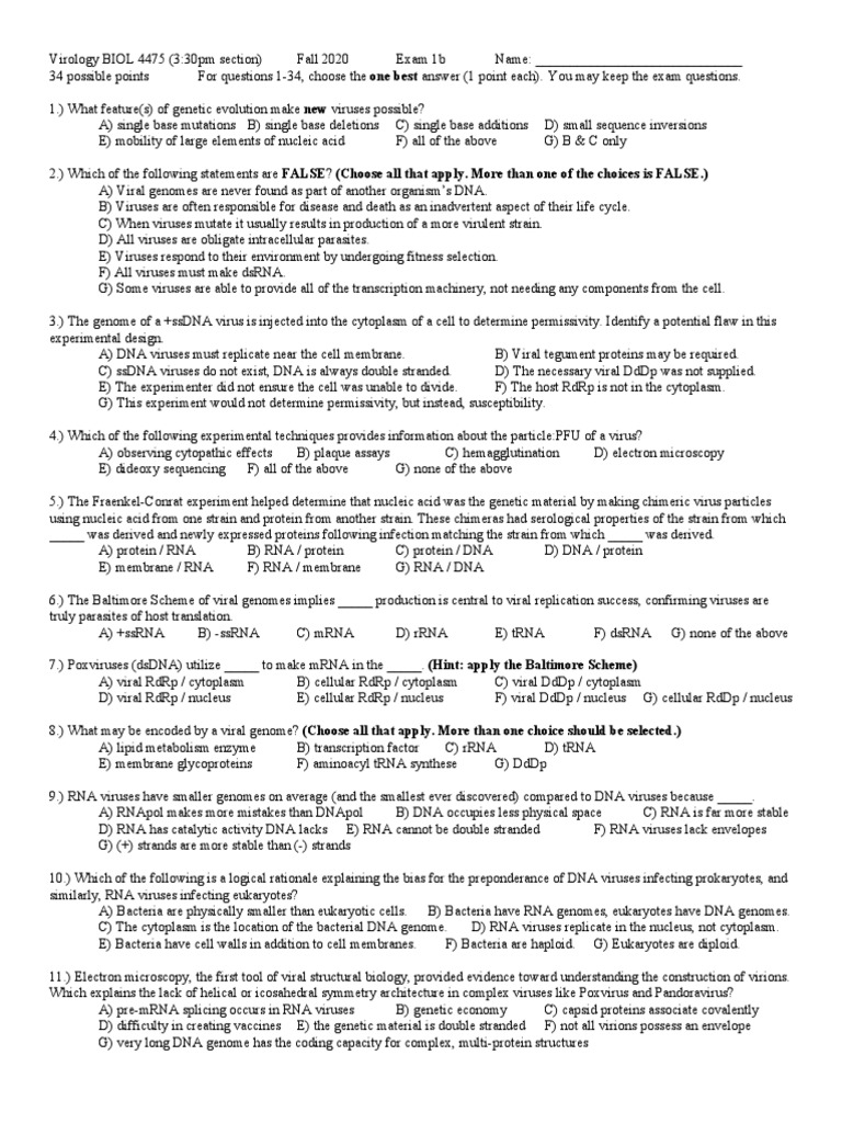 Virology Exam 1b Fall 2020 1 | PDF | Virus | Rna