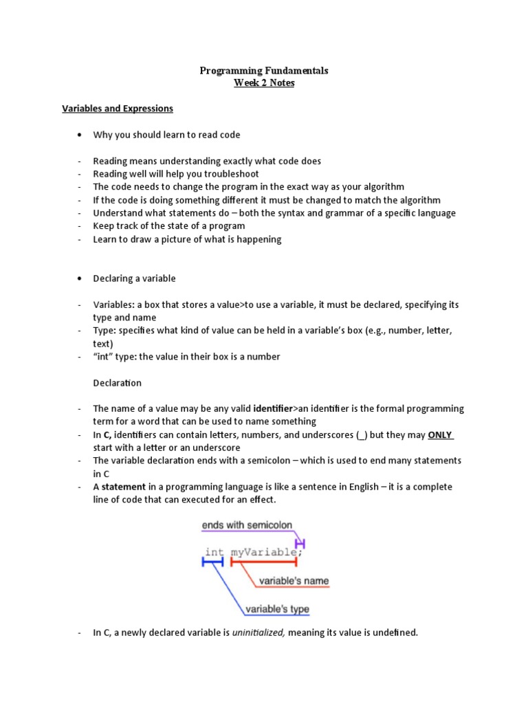 Programming Fundamentals Week 2 Notes Variables And Expressions Pdf Control Flow Subroutine