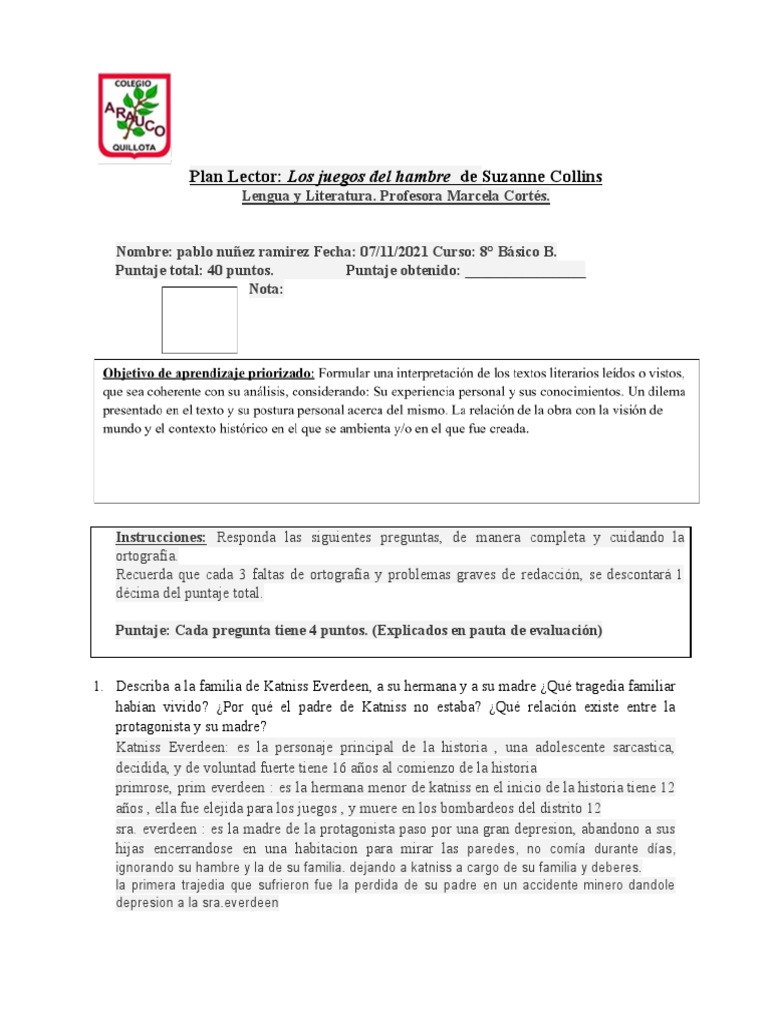 Plan Lector 8 B Juegos del hambre y rúbrica. | PDF