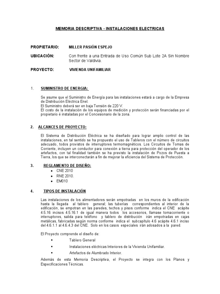 Memoria descriptiva de instalaciones eléctricas para una vivienda unifamiliar en Valdivia | PDF ...