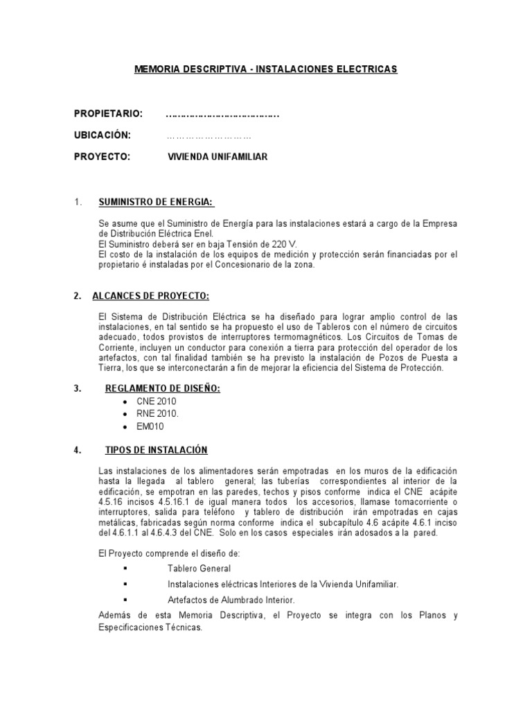 Memoria Descriptiva Instalaciones Electricas | PDF | Ingenieria Eléctrica | Ingeniería