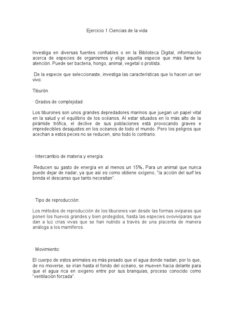 Ejercicio 1 Ciencias de La Vida | PDF | Tiburones | Pescado