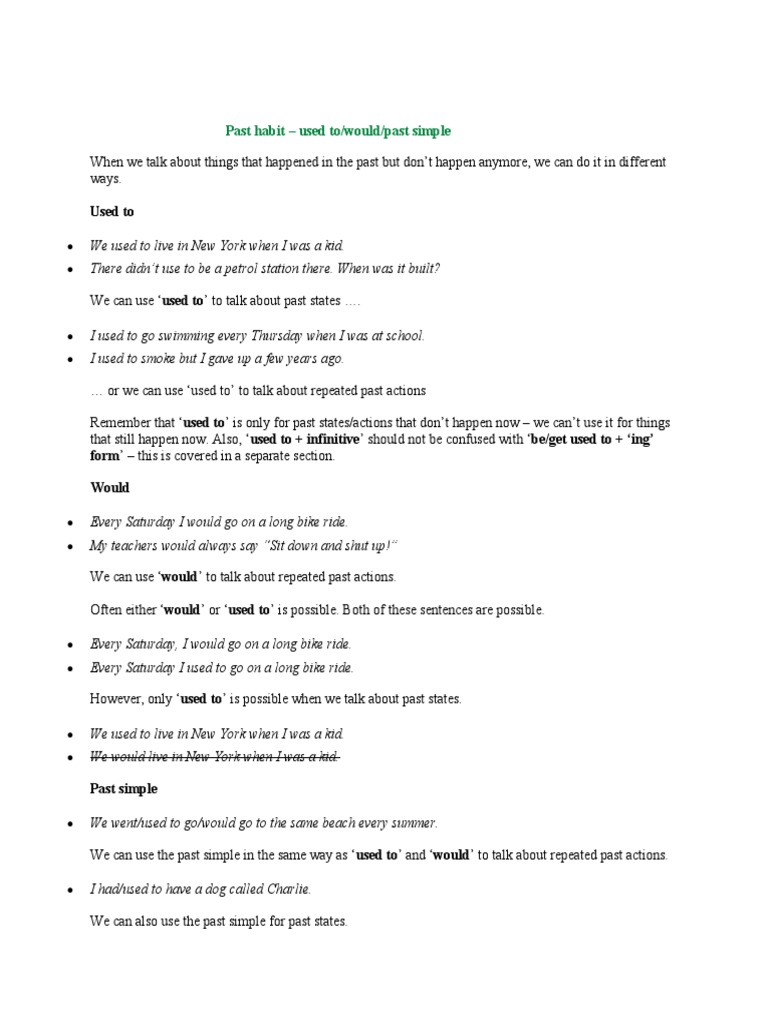 Past Habit - Used To/would/past Simple | PDF