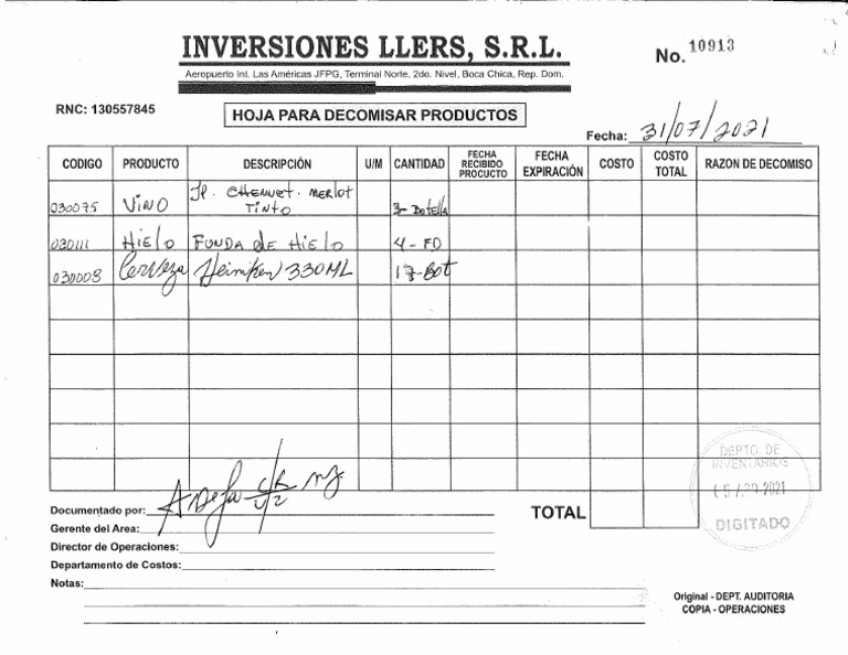 Hoja de Control de Decomiso | PDF
