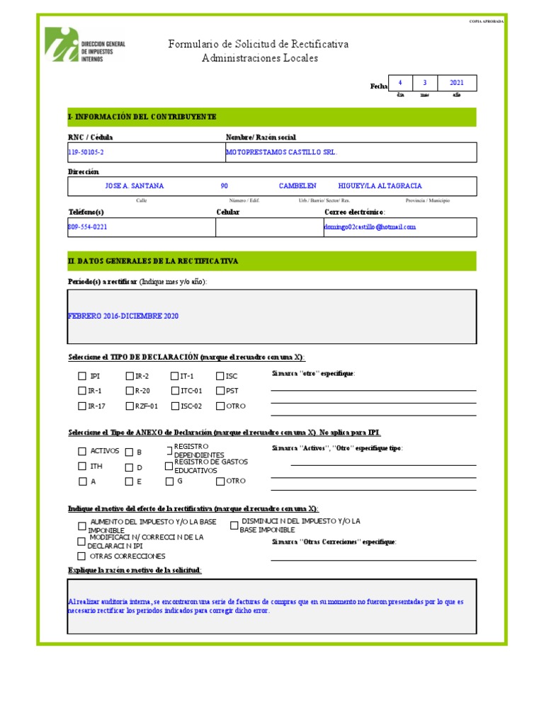 FI-ADML-012-Formulario Solicitud de Rectificativa, Rev. B | PDF