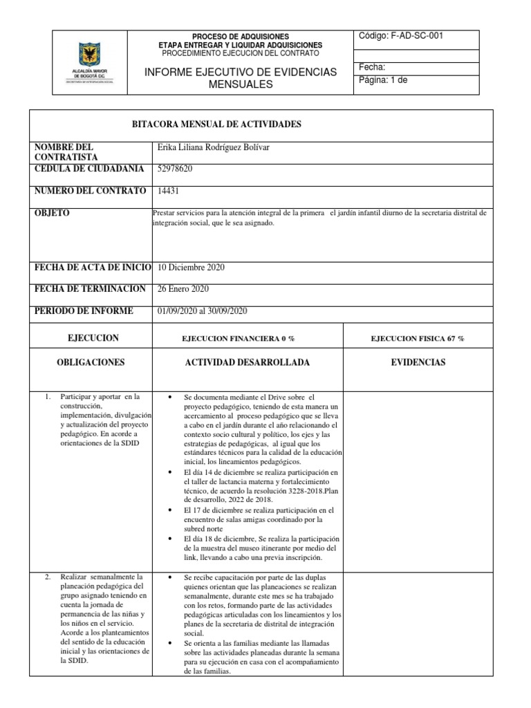 Formato Bitácora Informe Mensual. | PDF | Gestión de registros | Educación de la primera infancia