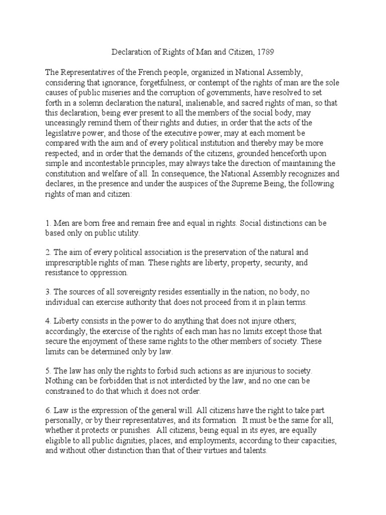 Handout Declaration of Rights of Man and Citizen | PDF | Rights | Human ...