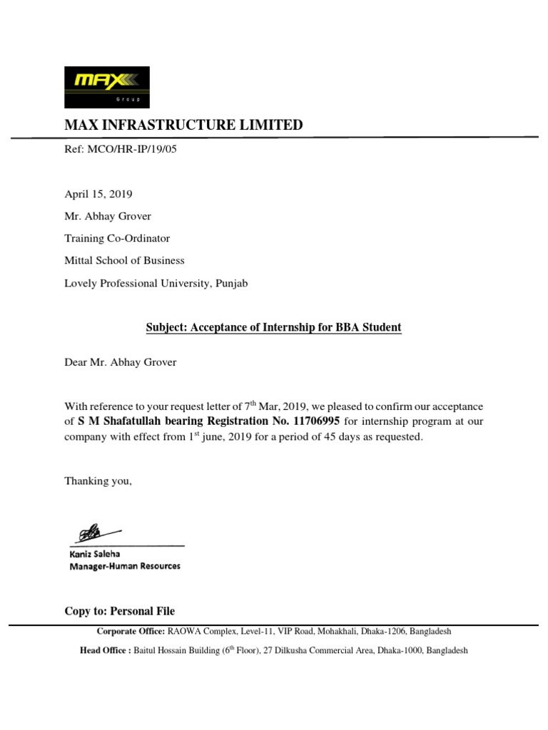 Max Infrastructure Limited: Subject: Acceptance of Internship For BBA ...