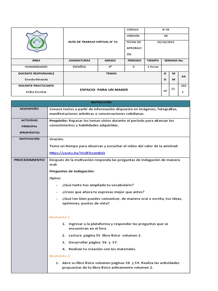 Guía Virtual de Español 4°: Actividades y Evaluación | PDF