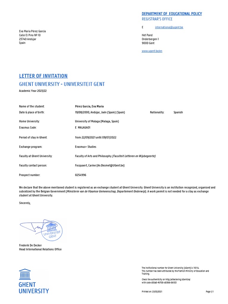 Letter of Invitation: Ghent University - Universiteit Gent | PDF