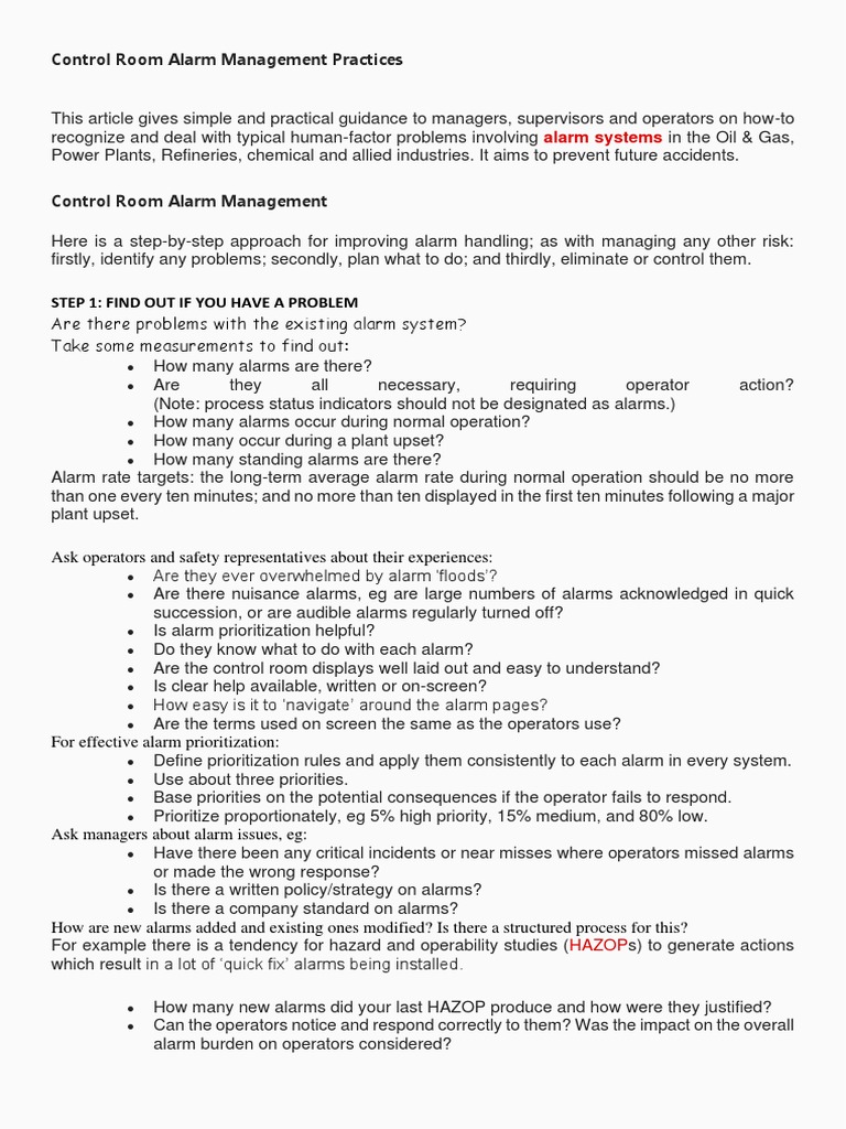 Control Room Alarm Management Practices Pdf Reliability Engineering