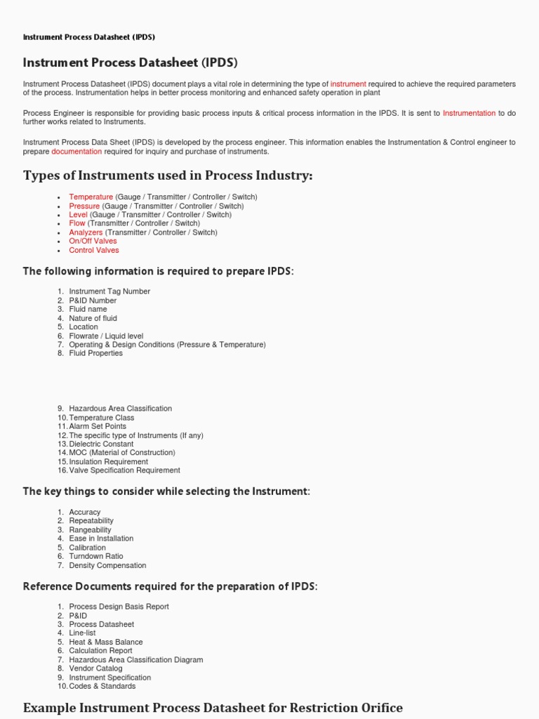 Instrument Process Datasheet Overview | PDF