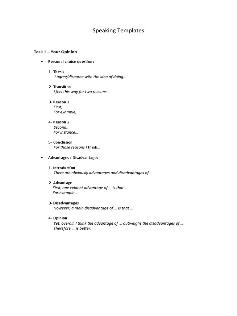 Speaking Templates: Task 1 - Your Opinion | PDF | Reason | Lecture