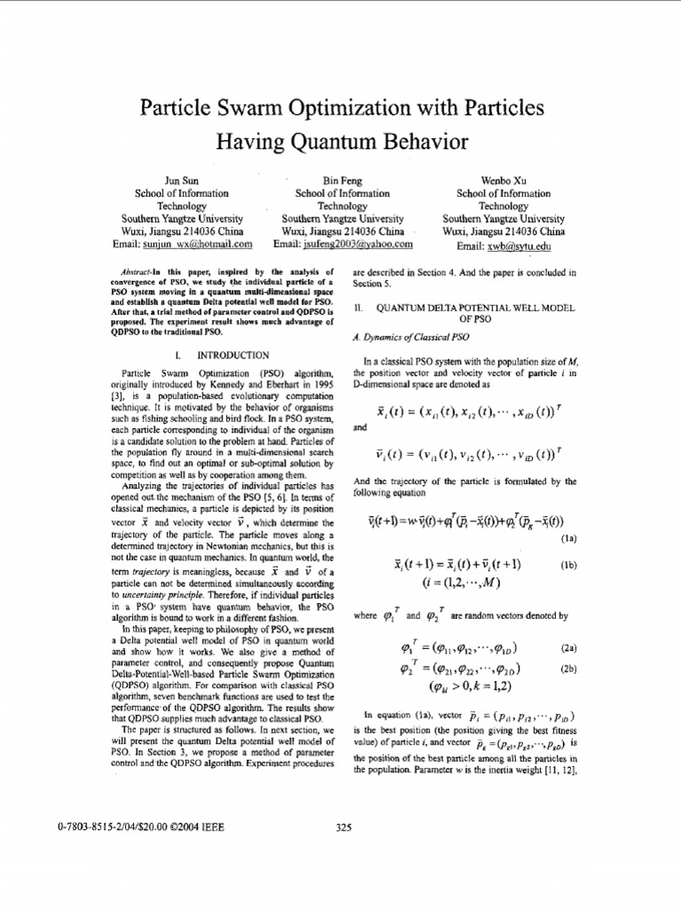 Particle Swarm Optimization With Particles Having Quantum Behavi | PDF | Quantum Mechanics ...
