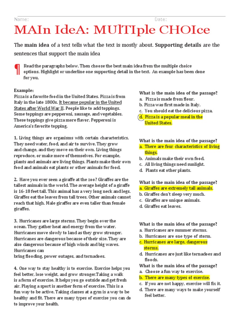 Main Idea Multiple Choice 10 Grade | PDF | Tropical Cyclones | Giraffe
