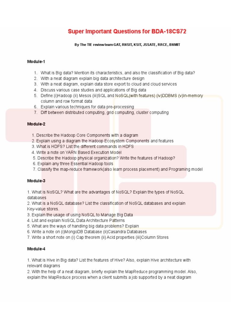 Super Important Questions For BDA-18CS72: Module-1 | PDF | No Sql | Databases