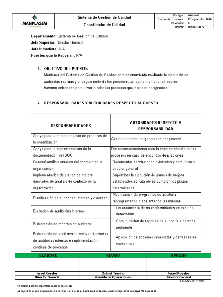 Descripción de puesto y responsabilidades del Coordinador de Calidad | PDF | Sistema de manejo ...