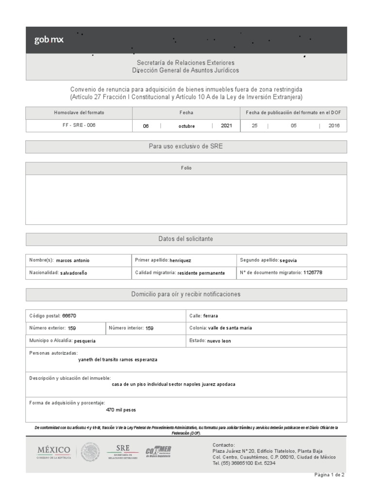 FF - SRE - 006 Convenio de Renuncia para Adquisición de Bienes ...