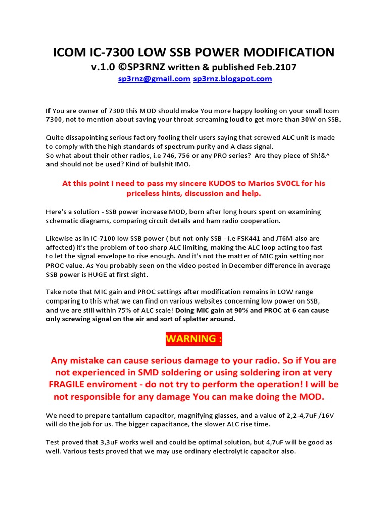 Icom Ic-7300 Low SSB Power Modification by Sp3rnz-1 | PDF | Capacitor ...