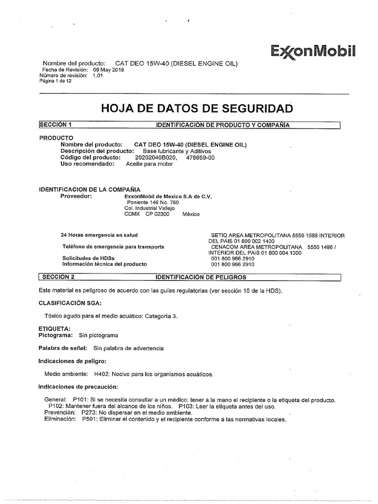 Cat Deo 15W-40 (Diesel Engine Oil) - Hoja Datos Seguridad | PDF