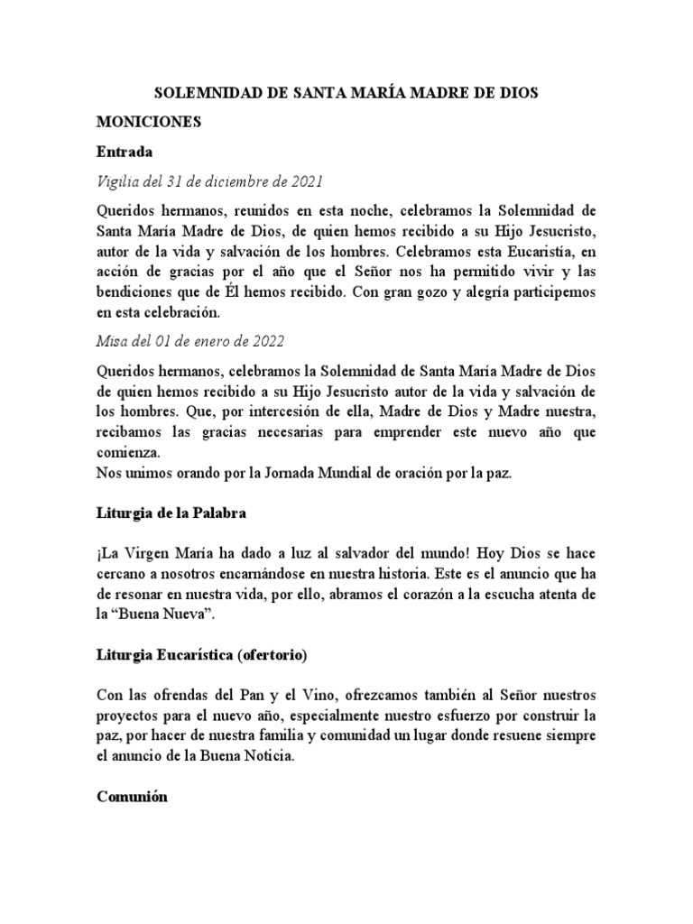 Moniciones Para La Solemnidad De María Pdf Eucaristía María