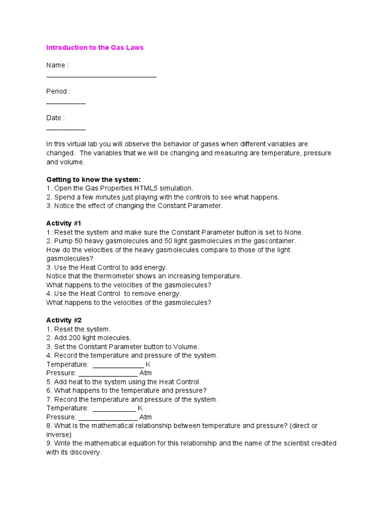 Gas Laws Virtual Lab Activities | PDF | Gases | Temperature