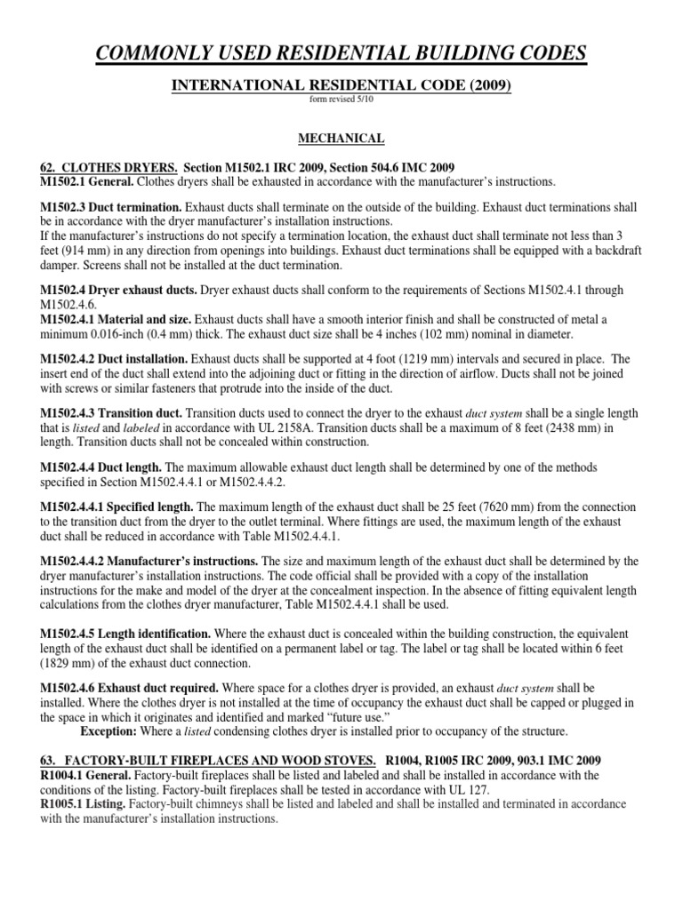 Codes - Common Residential Codes | PDF | Duct (Flow) | Chimney